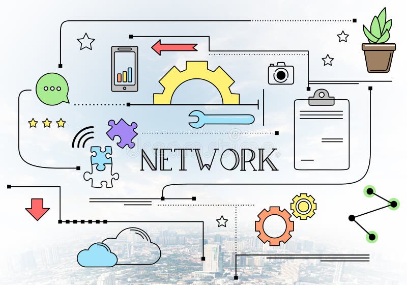 Network Connection Linear Sketch with Media Signs Stock Image - Image ...