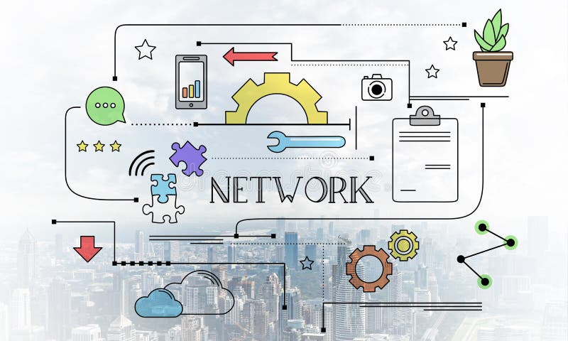 Network Connection Linear Sketch with Media Signs Stock Image - Image ...