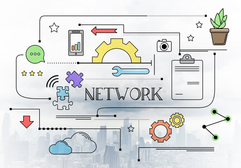 Network Connection Linear Sketch With Media Signs Stock Illustration ...
