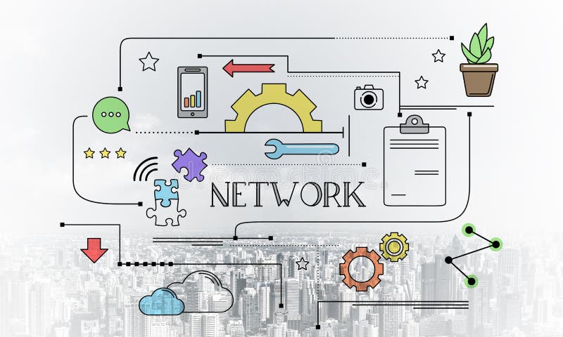 Network Connection Linear Sketch with Media Signs Stock Photo - Image ...