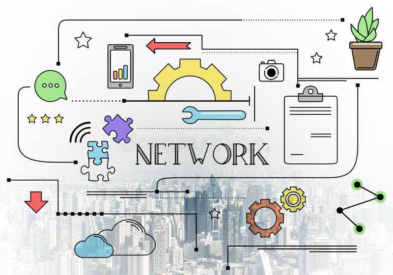 Network Connection Linear Sketch with Media Signs Stock Image - Image ...