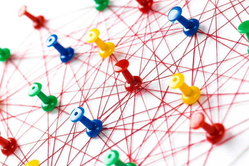 Network with Colorful Pins and String, Linked Together with String on a ...
