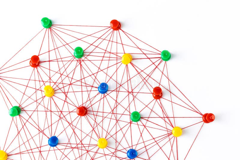 Network with Colorful Pins and String, Linked Together with String on a ...