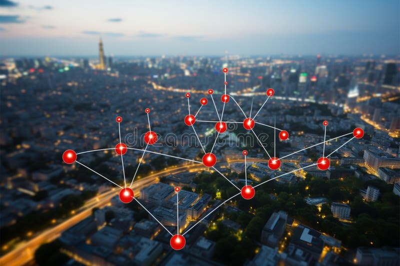 Network Connection Map Pin in a Cityscape, Symbolizing Location Search ...