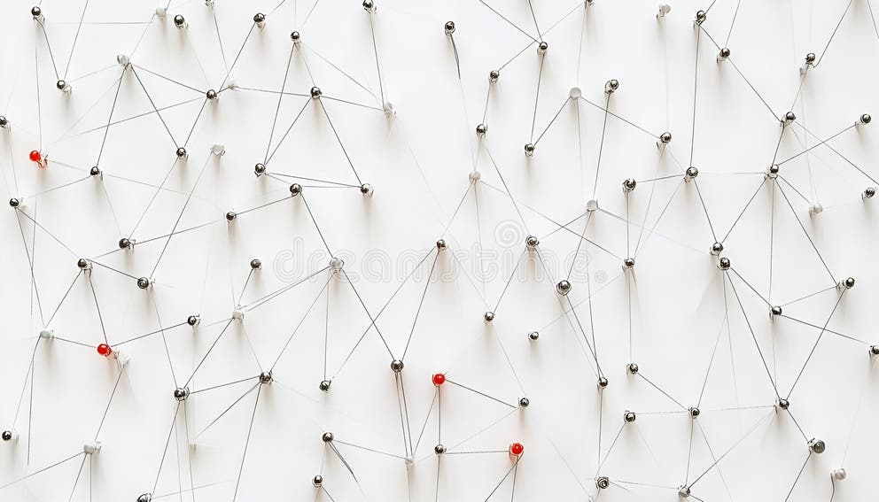 Network Connection. Nails Connected with Threads on a White Table ...