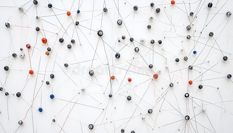 Network Connection. Nails Connected with Threads on a White Table ...