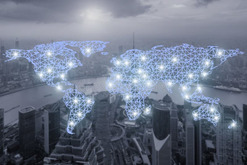Network and World Map on Blur City Use for Global Partnership Stock ...