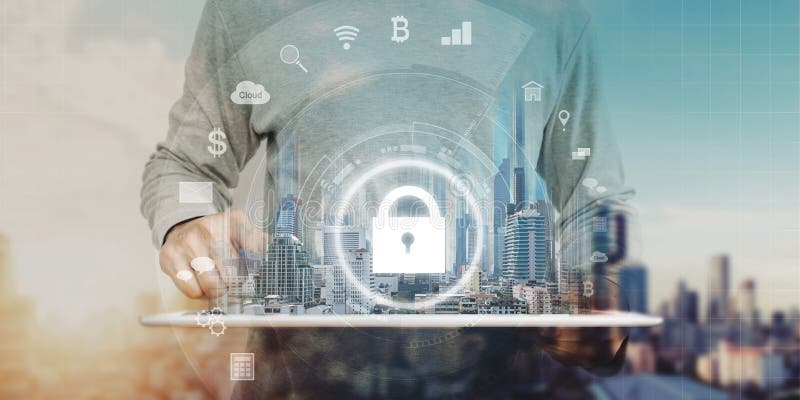 Network Connection Security System. Businessman Using Digital Tablet ...