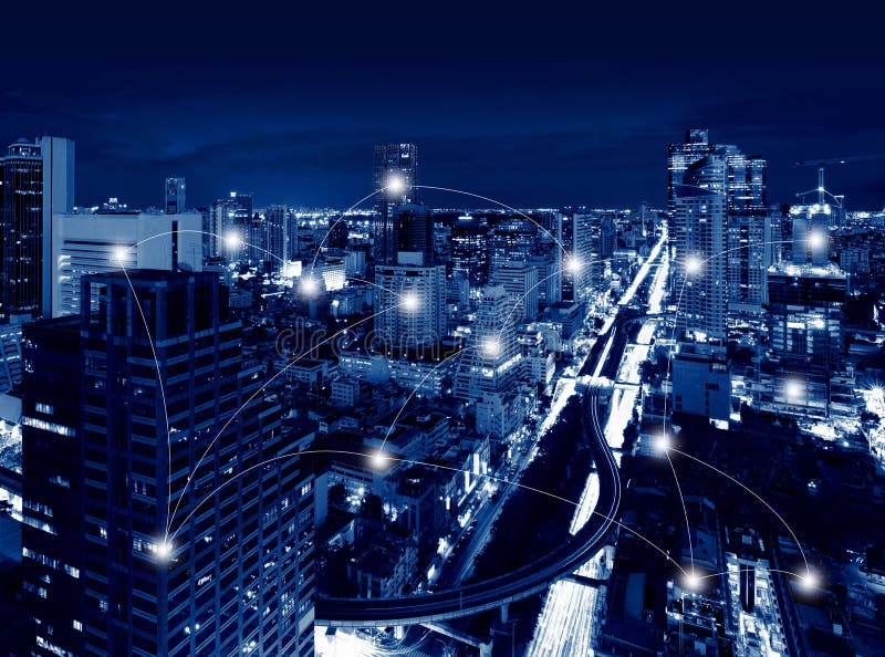 Network and Connection Technology Concept of Skyscrapers, Skyline of ...