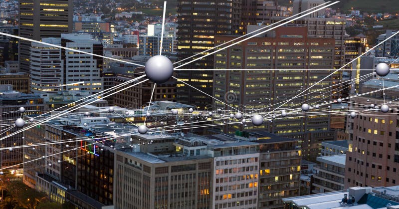 Network of Connections Against View of Cityscape at Night Stock Image ...