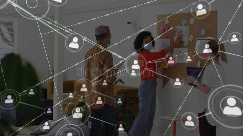 Network of Connections Animation Over Diverse Team Collaborating in ...