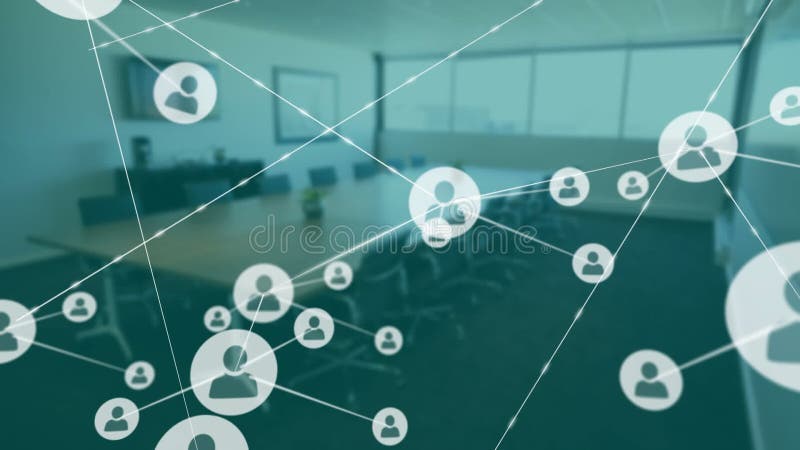 Network of Connections Animation Over Empty Conference Room with Chairs ...