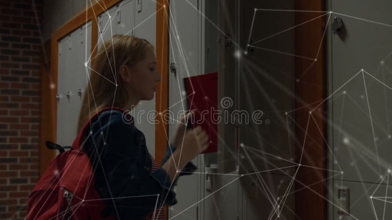 Network Connections Animation Over Student Opening Locker in School ...
