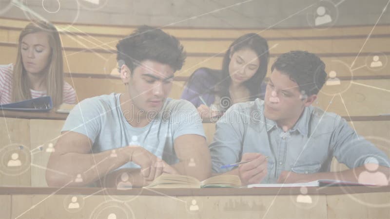 Network of Connections Animation Over Students Studying in Lecture Hall ...