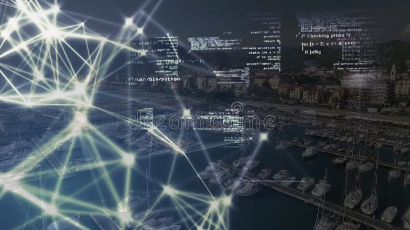 Network Connections and Coding Animation Over Marina with Boats and ...