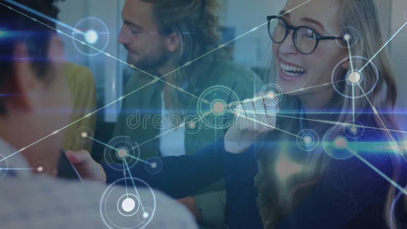 Network Connections and Data Points Animation Over People Collaborating ...