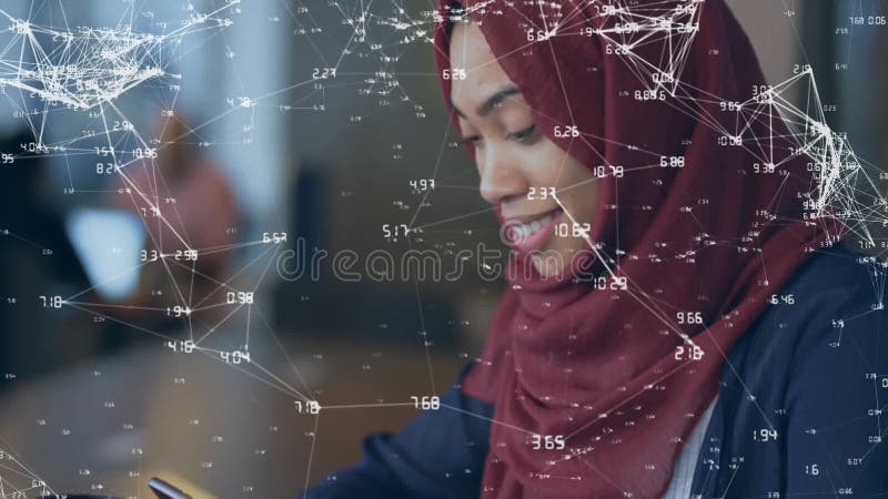 Network of Connections and Data Points Animation Over Woman in Hijab ...