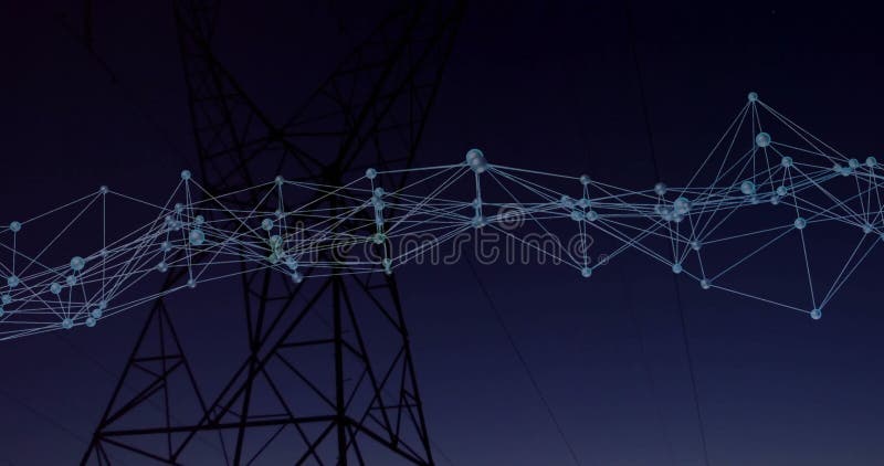 Network of Connections and Data Processing Animation Over Power Lines ...