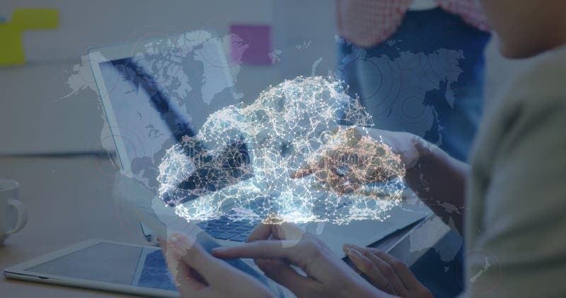 Network of Connections Forming a Cloud Over World Map Against Woman ...