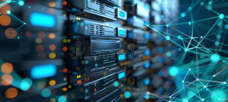 Network Connections Glowing in Data Center with Multiple Server Racks ...