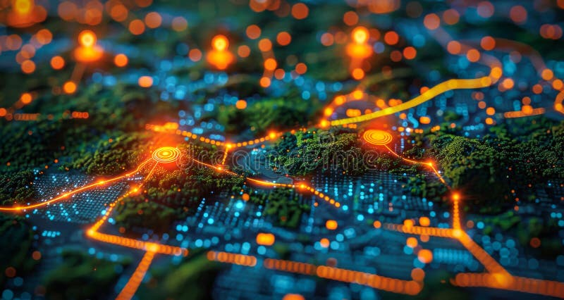 Network Connections Glowing Over a Digital Landscape at Night. Stock ...