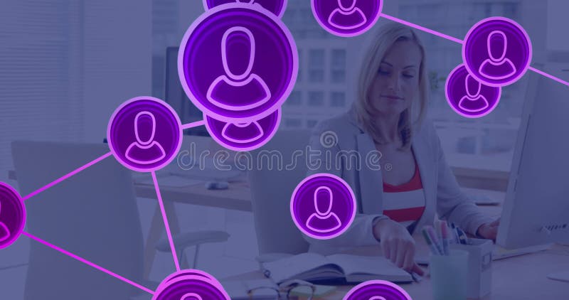 Network Connections Image Over Businesswoman Working at Desk in Office ...