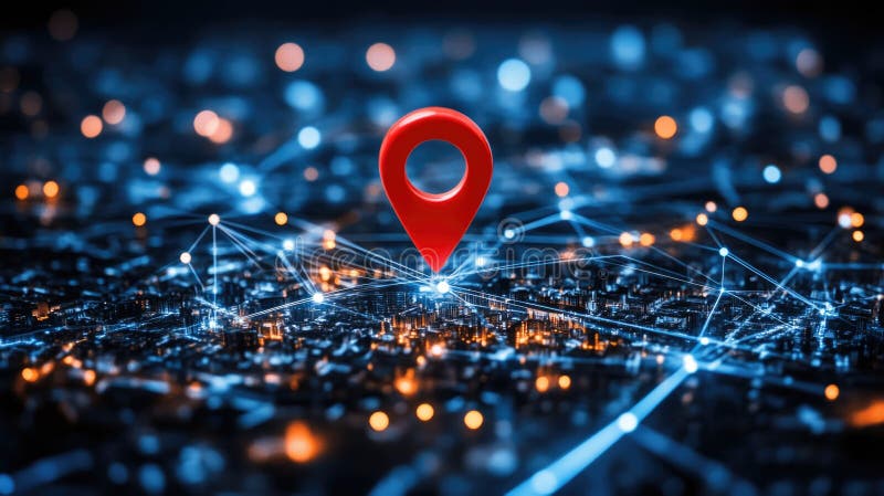 Network Connections Red Location Pin Over Digital Cityscape Stock ...