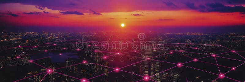 Network Connectivity Over Vibrant Sunset Horizon Stock Illustration ...