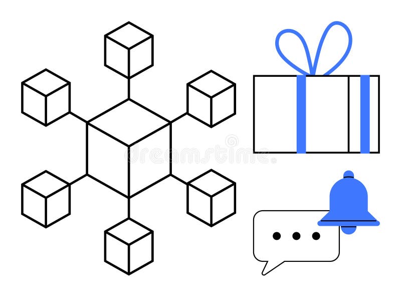 Network of Cubes, Gift Box, Notification Bell with Message Bubble ...