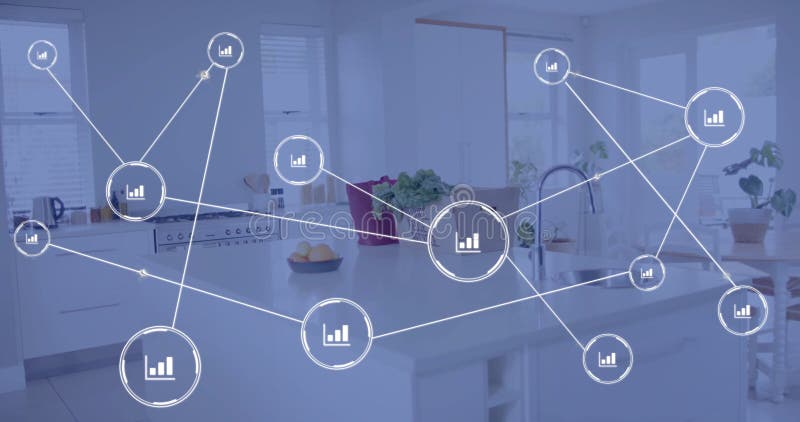 Network of Data Connections Image Over Modern Kitchen with Groceries on ...