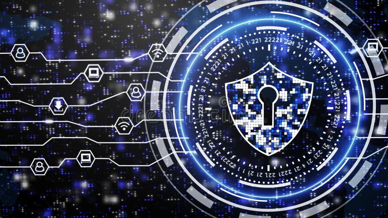 Network Data Protection Cyber Security Lock Shield. Motion Graphics with Blue Neon Glowing ...