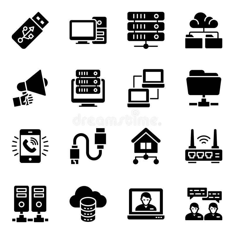 Network Devices Glyph Icons Pack Stock Vector - Illustration of folder ...