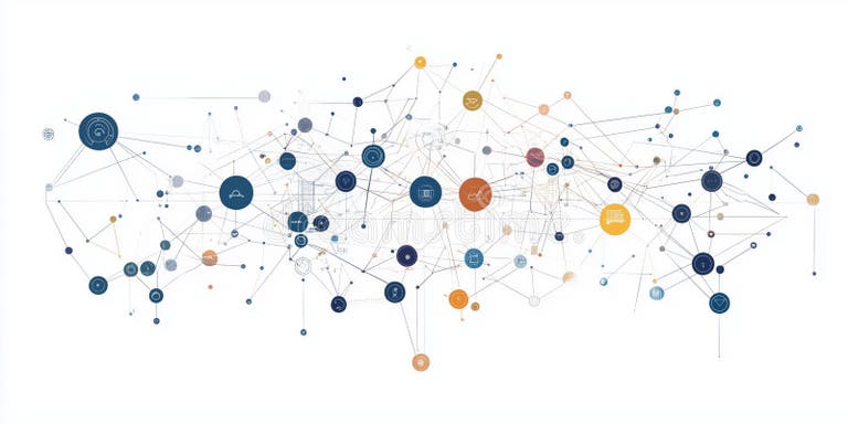Network Diagram with Connected Nodes and Icons in Various Colors ...