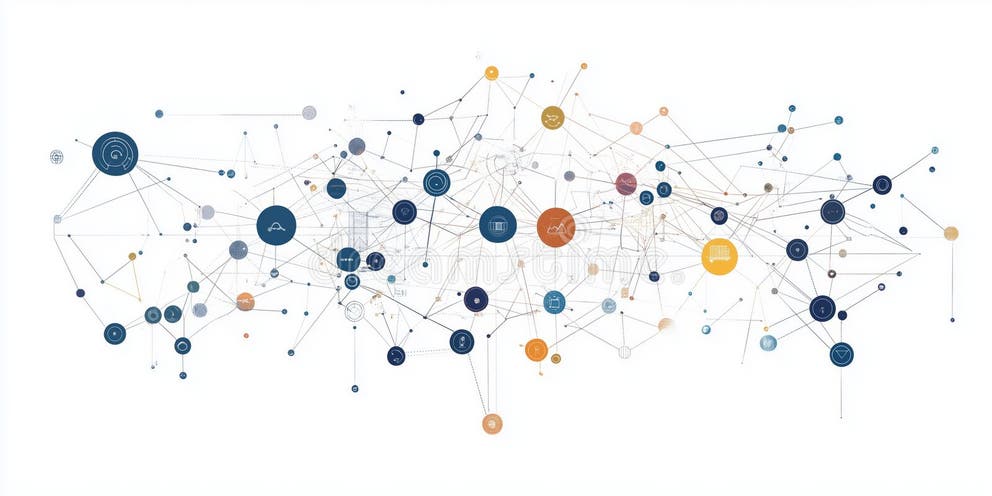 Network Diagram with Connected Nodes and Icons in Various Colors ...
