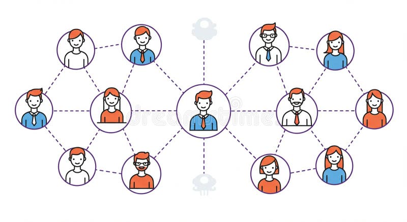 Network Diagram Featuring Cartoon-style Characters Connected by Dashed ...