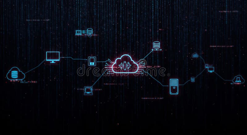 Network Diagram Illustrating a Digital Cloud Infrastructure. Central Red Cloud Icon is Stock ...
