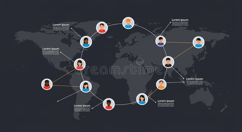 Network Diagram on a World Map Backdrop Features Circular Profile Icons ...