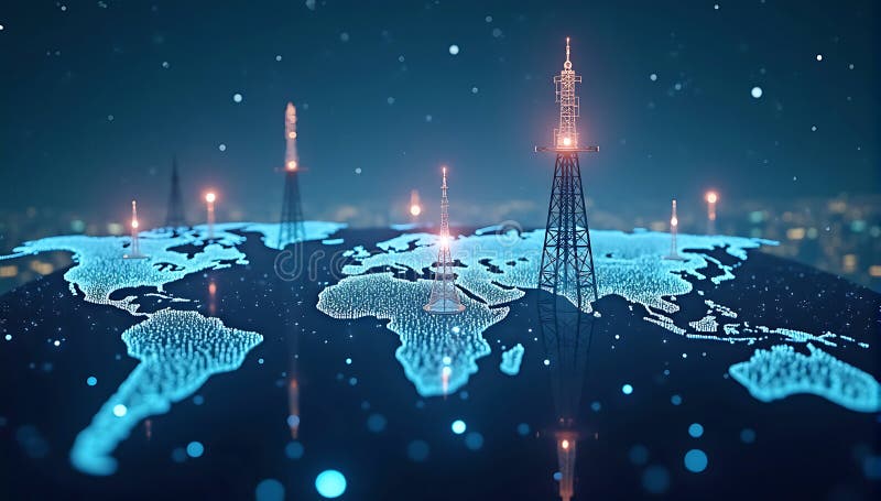 A Network of Digital Communication Towers Emitting Glowing Signals ...