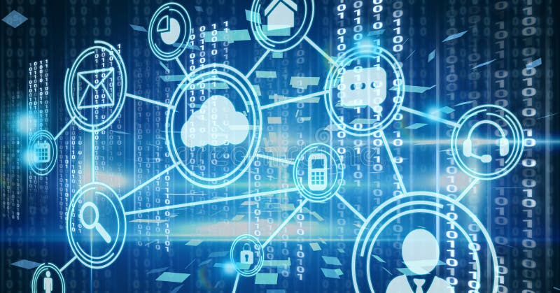 Network of Digital Icons Against Binary Coding Data Processing on Blue Background Stock ...