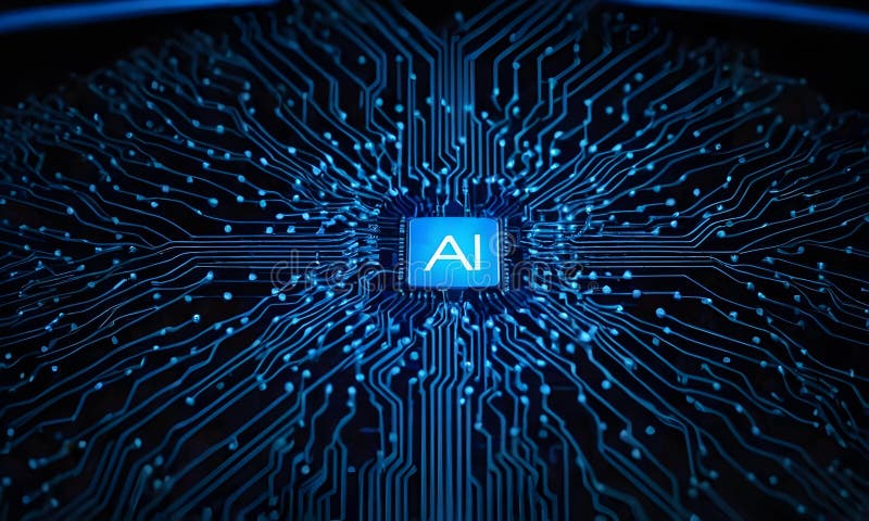 Network of Electronic Circuits Focuses on an AI Processor, Depicting ...
