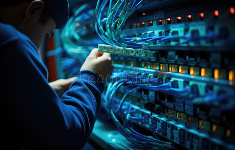 A Network Engineer Hands Clipping a Blue Ethernet Cable Stock ...