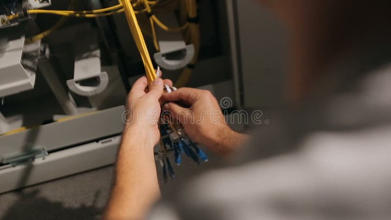 Network Engineer in Server Room Works with Optical Patchcord and ...