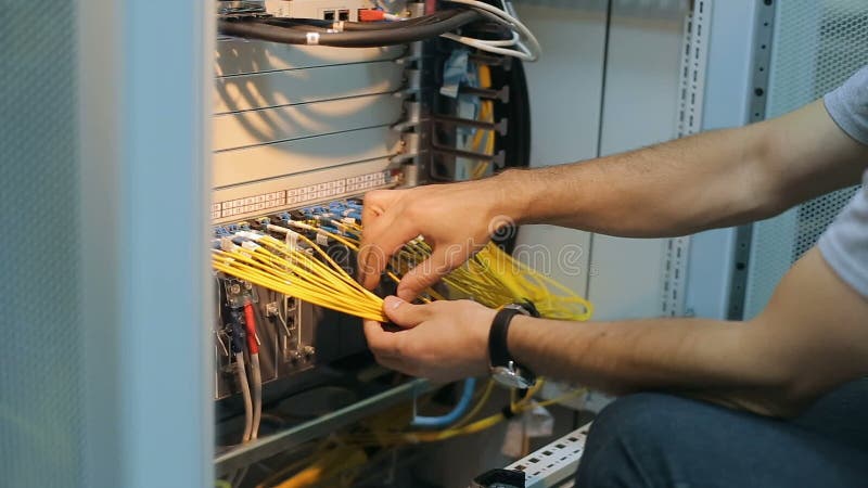 Network Engineer in Server Room Works with Optical Patchcord and ...