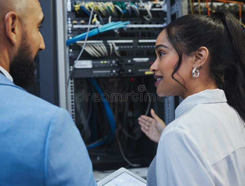 Hand, Cable and Server Room for Internet Infrastructure and Lights of ...