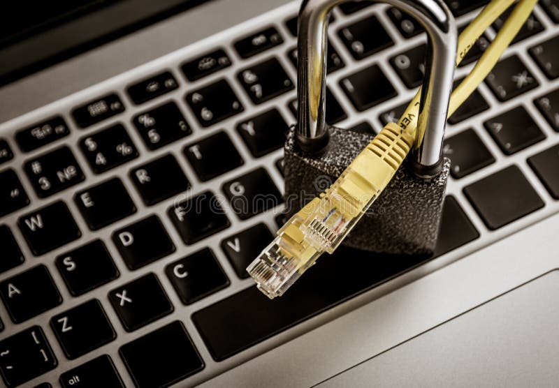 Padlock with Ethernet Network Cable Close Up on Computer Keyboard ...