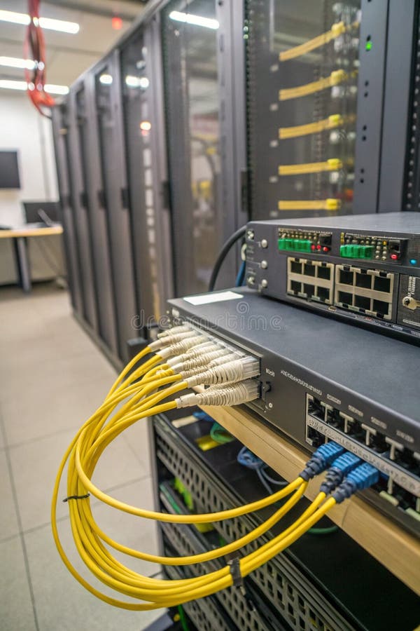 Network Gigabit Switch and Fiber Optic Cable in Data Center Stock ...