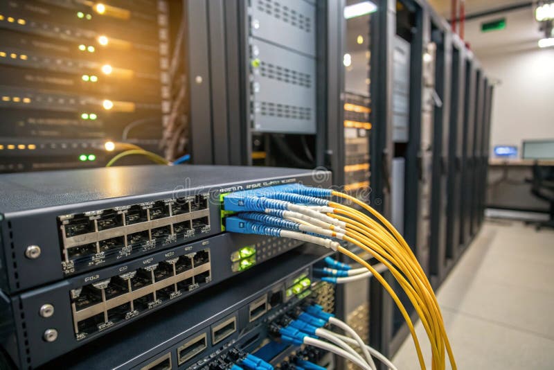 Network Gigabit Switch and Fiber Optic Cable in Data Center Stock ...