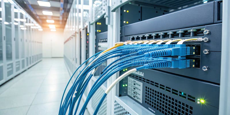 Network Gigabit Switch and Fiber Optic Cable in Data Center Stock ...