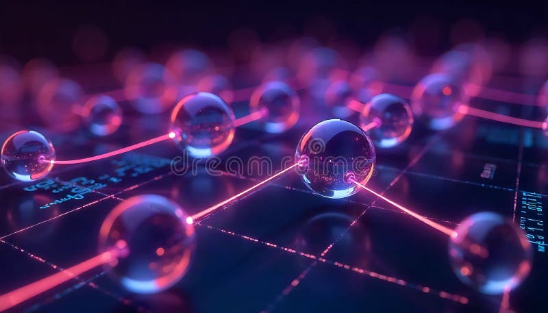 Network of Glass Spheres Connected by Pink Lines on a Dark Blue Surface ...