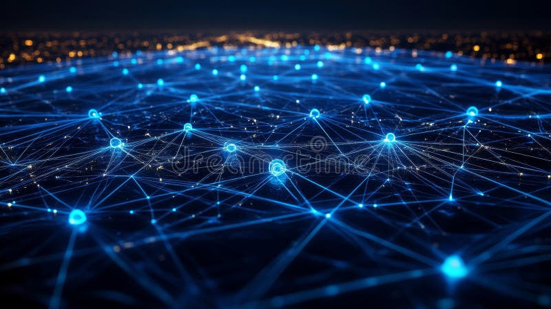 Network of Glowing Blue Orbs and Radiant Lines, Representing ...